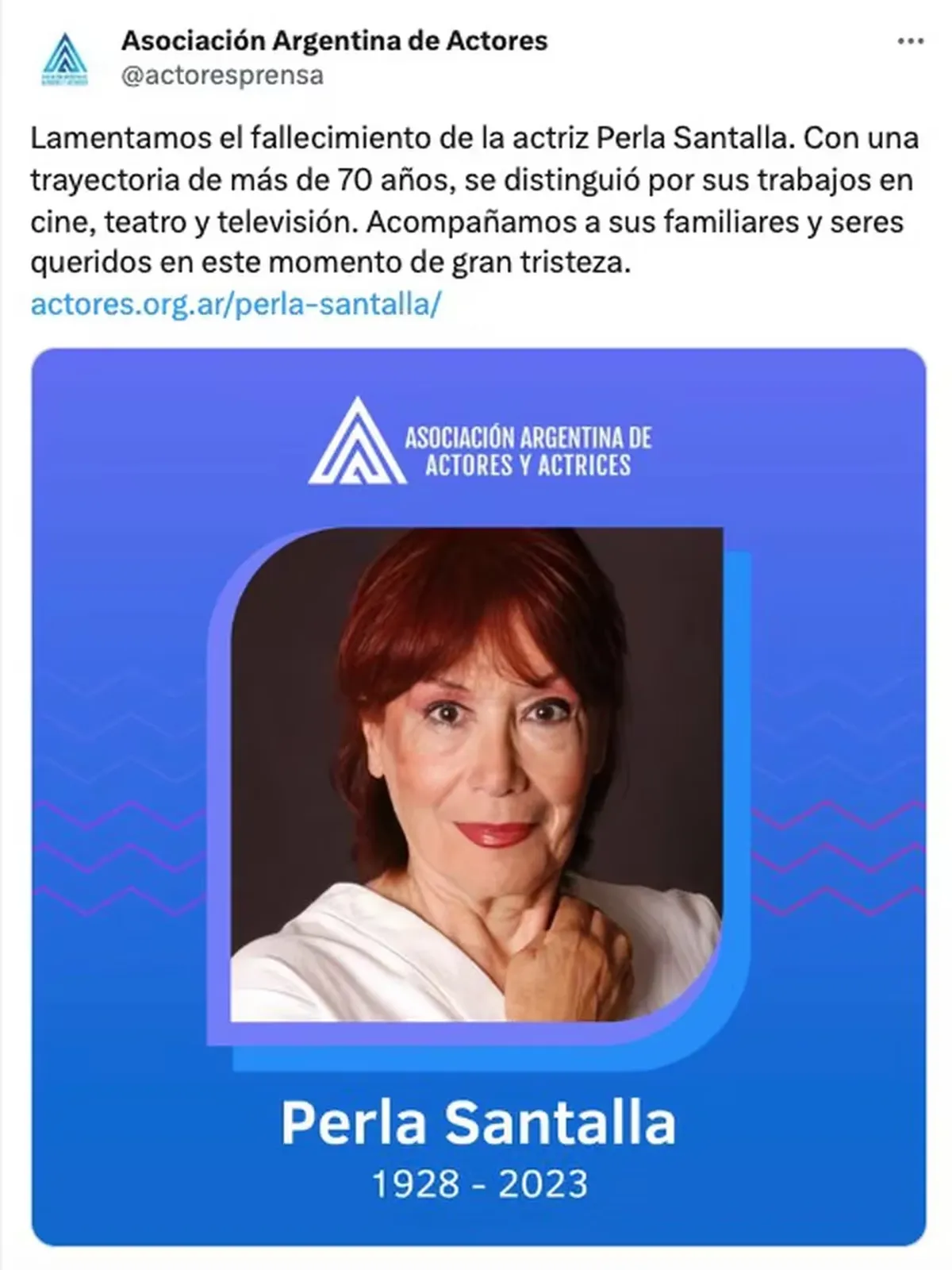 Murió a los 95 años la actriz Perla Santalla